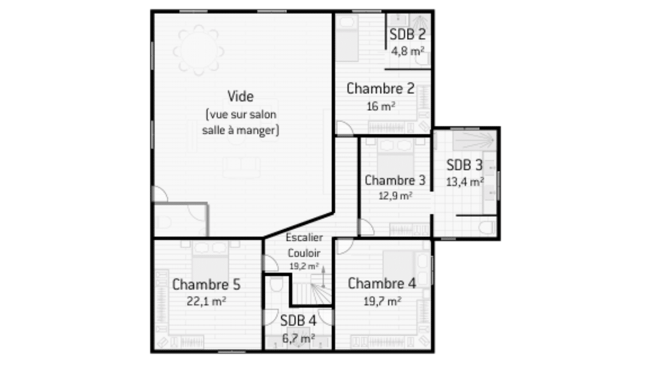 Plan de maison 300m2, avec étage et vide sur séjour.